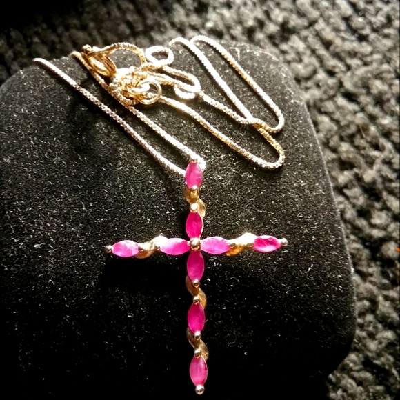 Jewelry | Stunning Genuine Rubies Cross Of Faith Gold 925 Stamped Necklace Box Chain | Poshmark